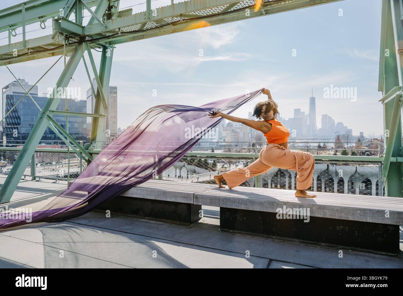 Woman posing with flowing fabric on platform with NYC skyline Stock ...