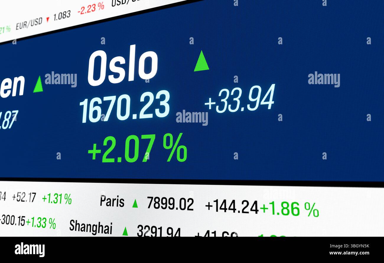 Rising stock market in Oslo, Norway. Norwegian share prices moving up ...