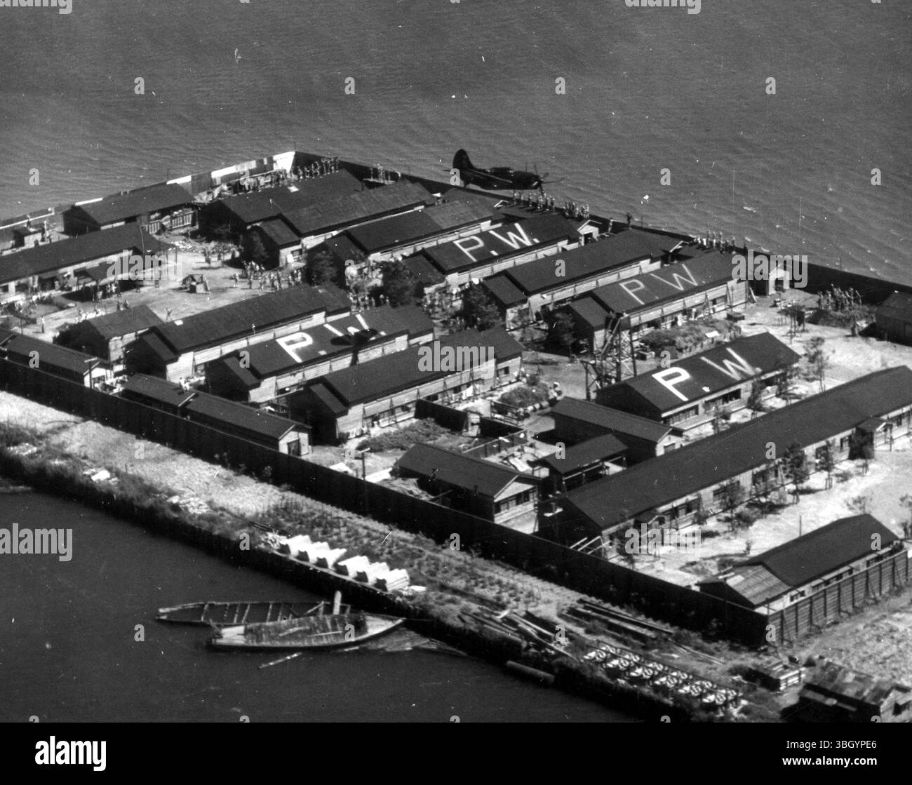 Aerial view of prisoner of war compound at Yokohama with a Curtiss ...