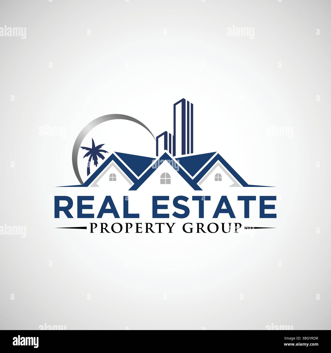 Real Estate Property Group Logo - Modern House, Skyline & Palm Tree ...