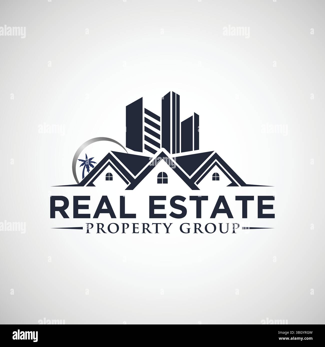 Modern Real Estate Group Logo - City Skyline & Palm Tree Branding Stock ...