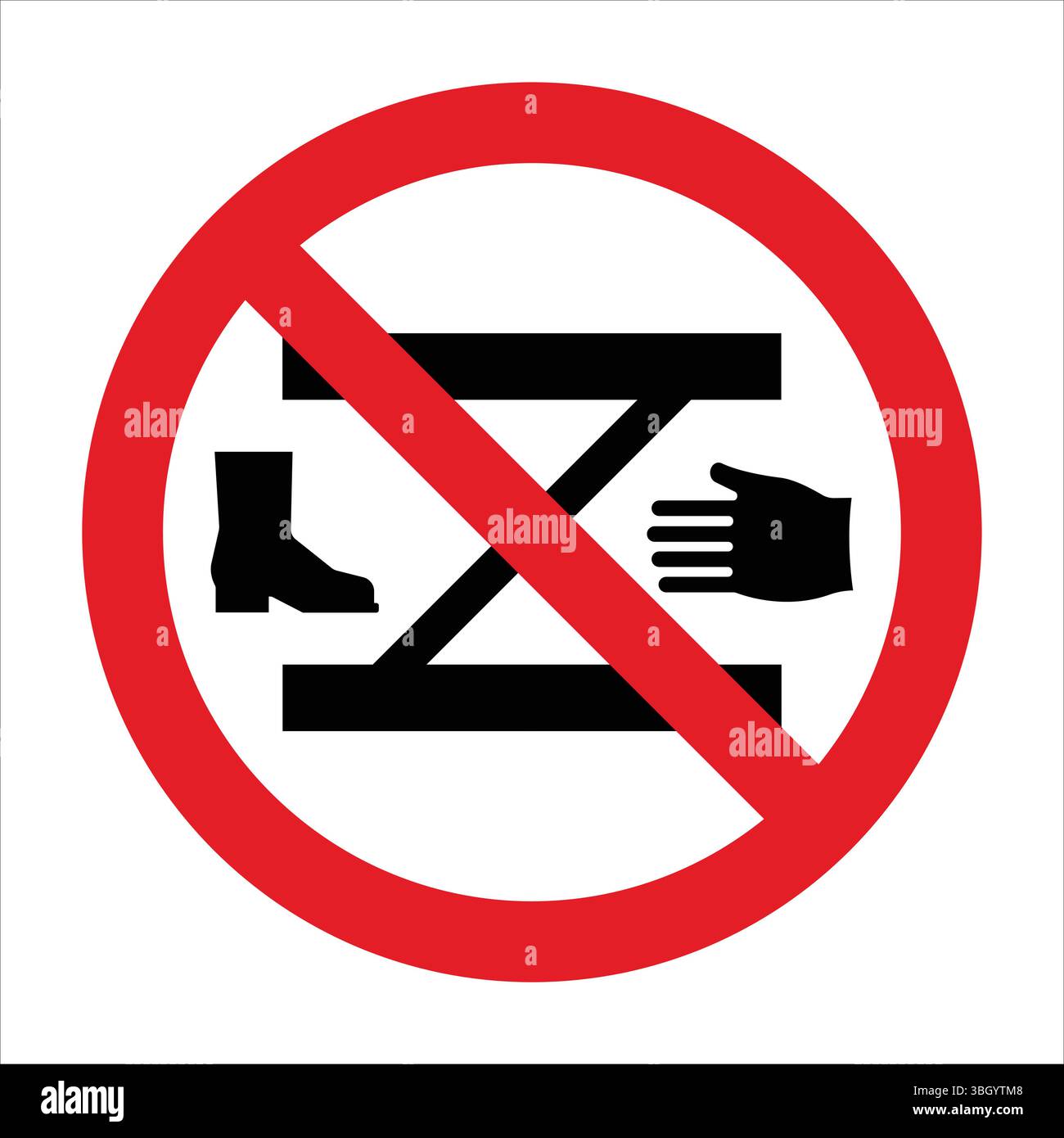 Red prohibition sign isolating operating lift with hands and feet Stock ...