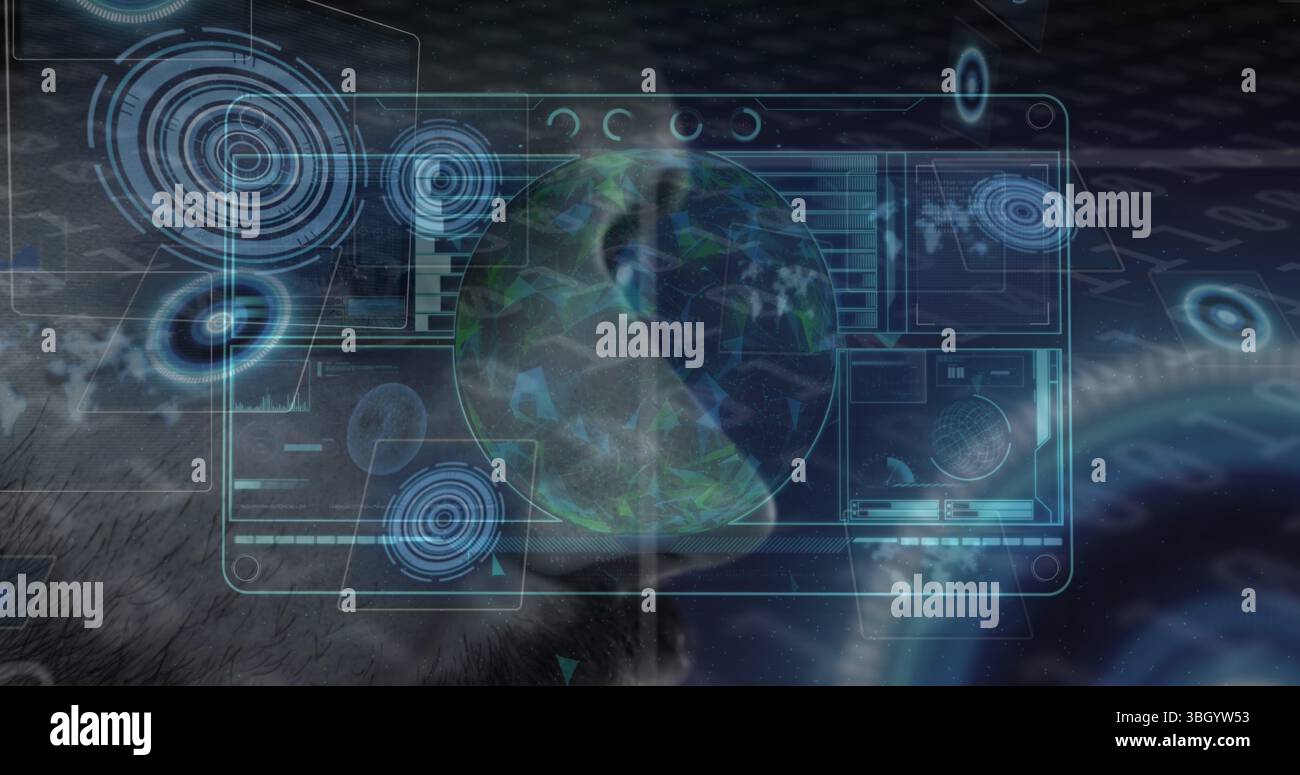 Projecting holographic panels showcasing 3D Earth globe with hex grid at control center Stock ...