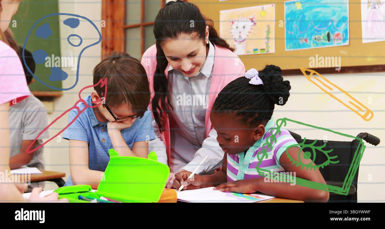 Image of school supplies with caucasian teaching multiracial students ...