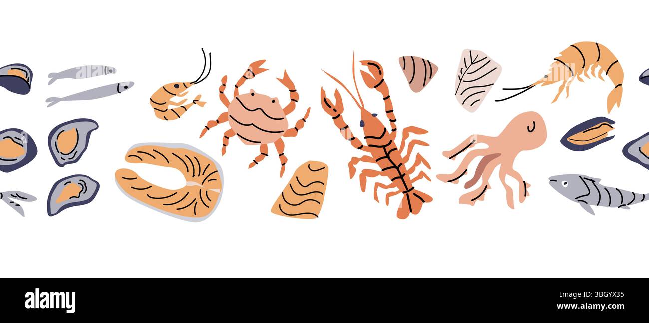 Mediterranean cuisine variety with seafood and shellfish illustrations ...