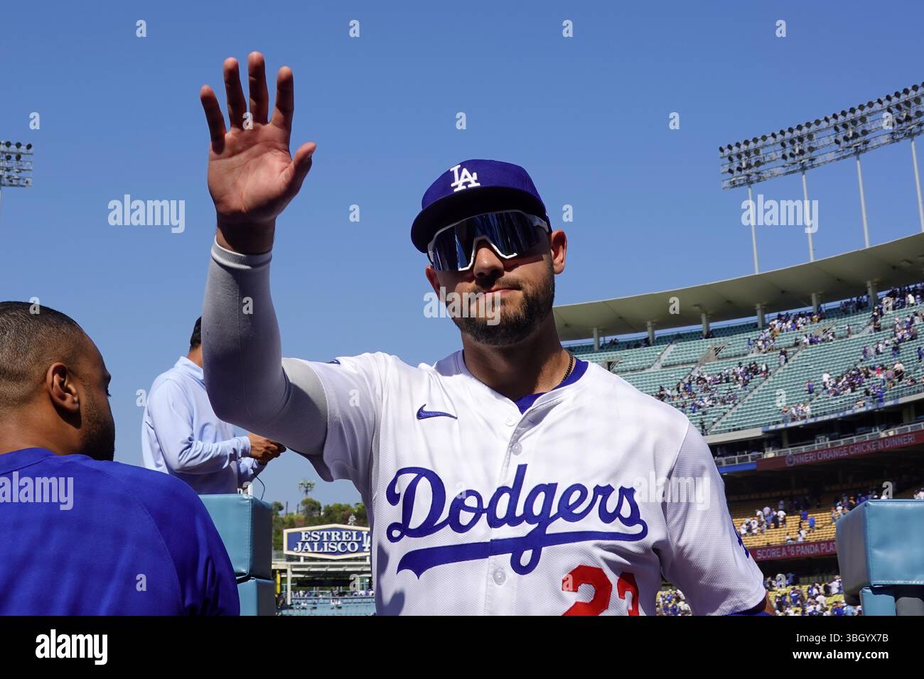 Los Angeles Dodgers left fielder Michael Conforto (23) gestures after a ...