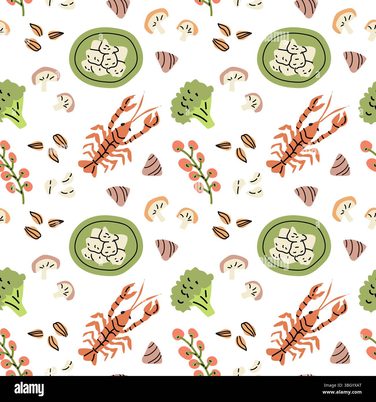 Mediterranean culinary pattern with seafood and vegetables for kitchen ...