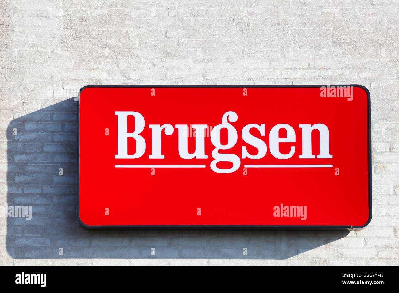 Brugsen logo on a facade. Brugsen is a supermarket chain in Denmark ...