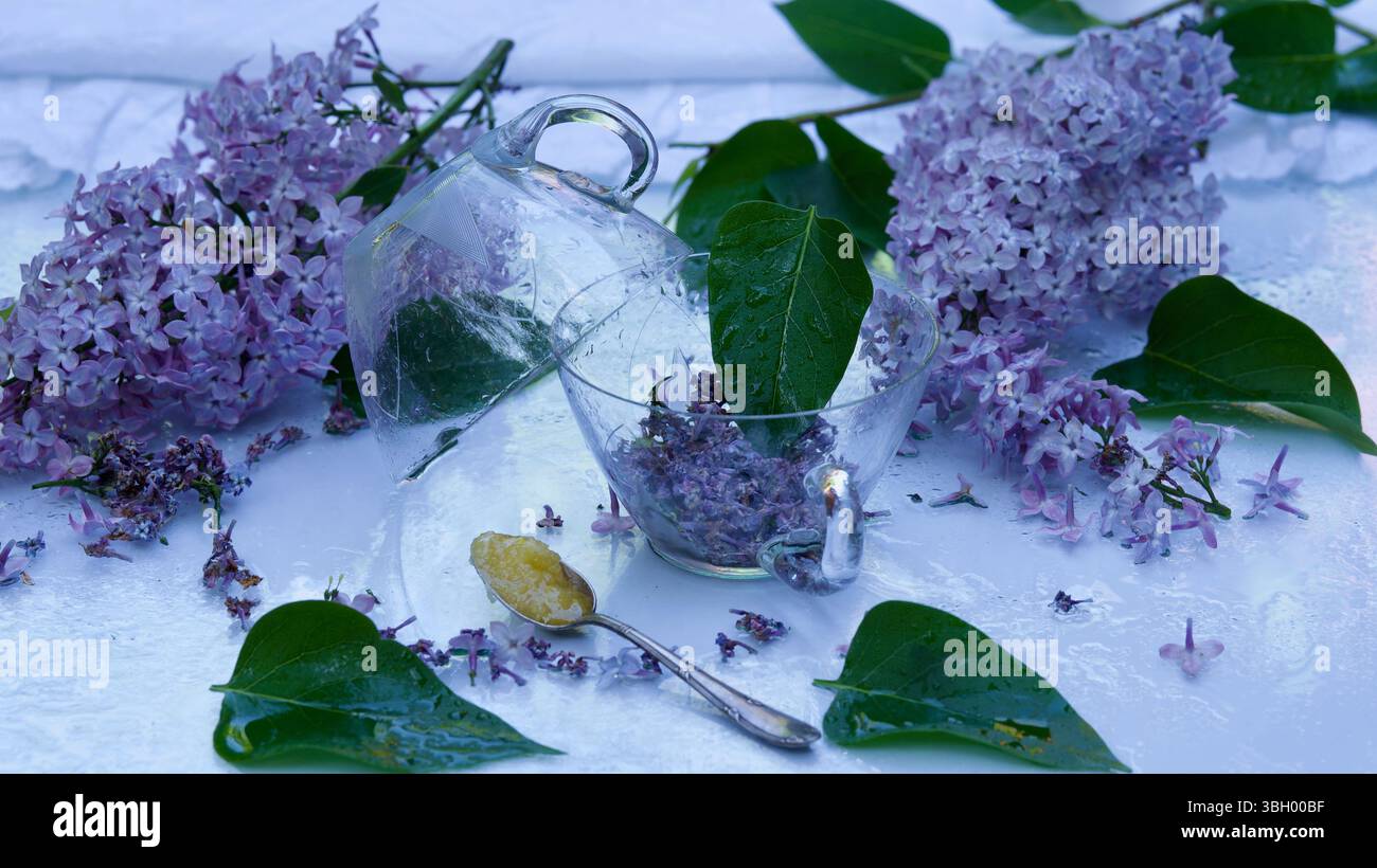 Glass tea cups with lilac around it. A silver spoon with honey. Lilac ...