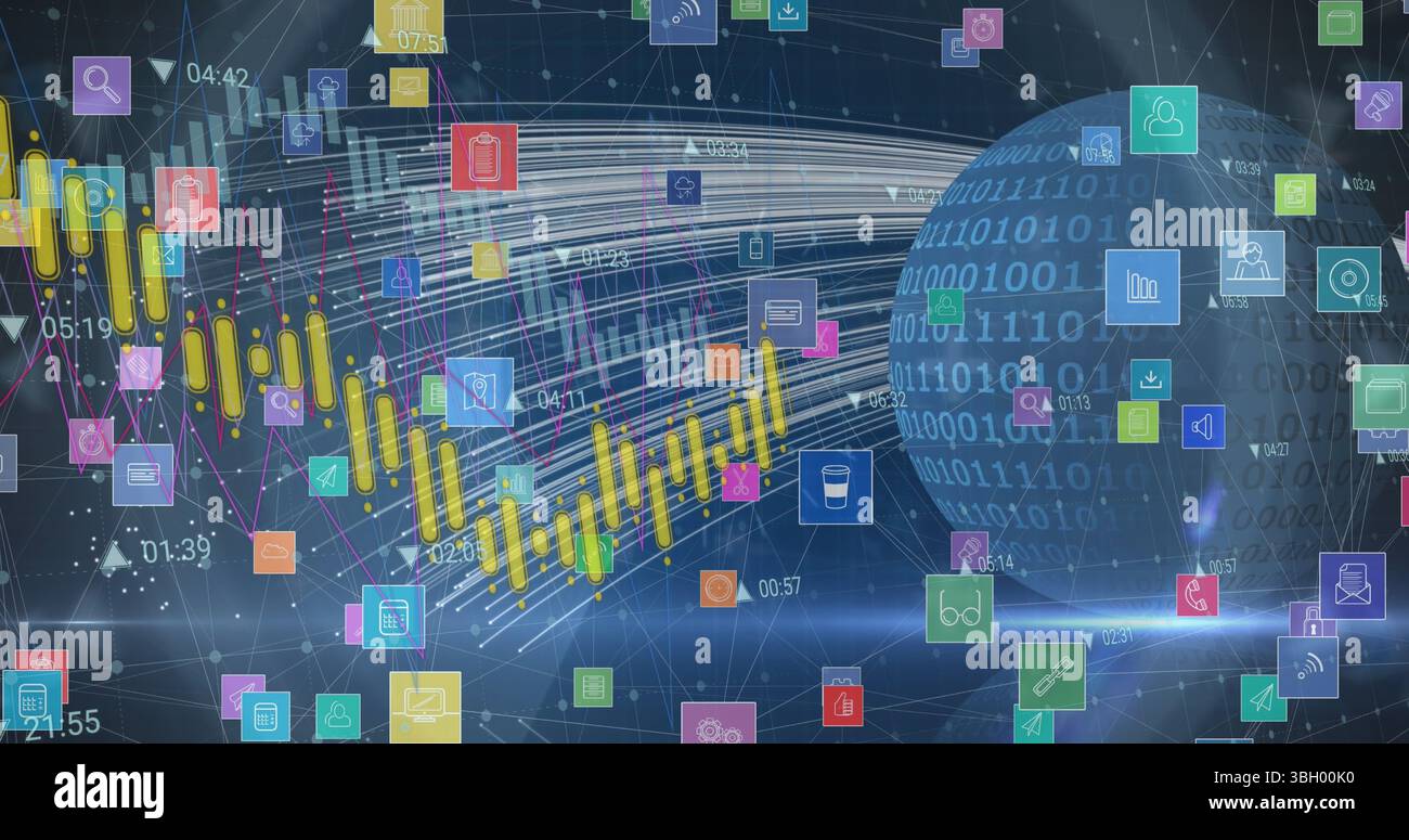 Displaying binary-data sphere on right of data grid with chart bars and icons, copy space ...