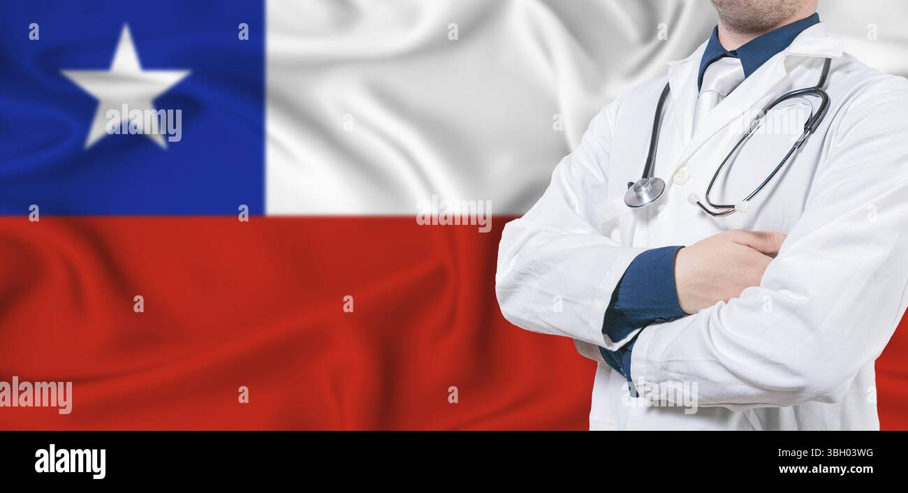 Chile healthcare concept. Male doctor on Chile flag. Doctor with ...