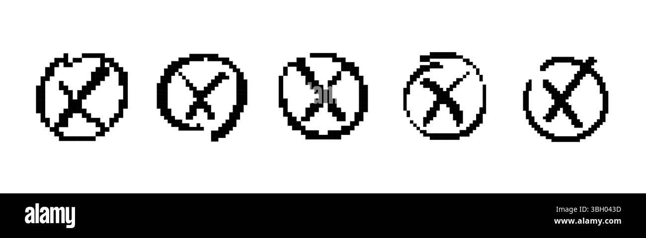 Mosaic pixel design: five black checkmark circles in cartoon retro ...