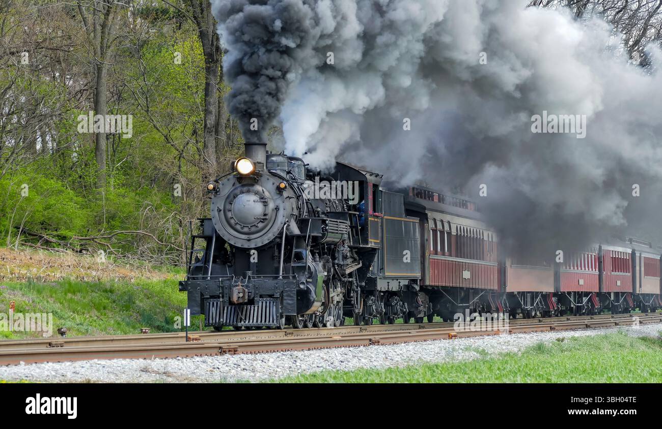 A vintage steam locomotive chugs along the tracks, billowing smoke into ...