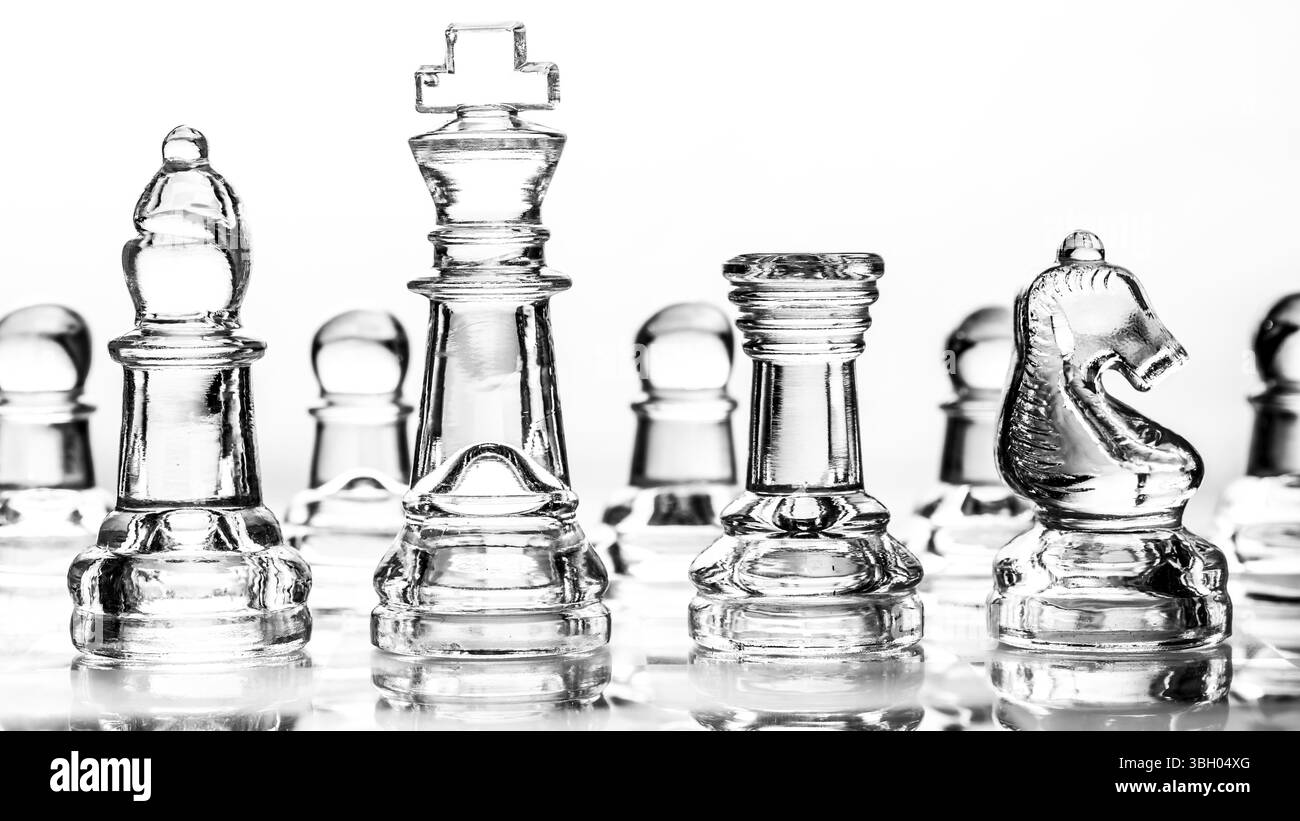 Bishop, king, rook and knight chess pieces made out of glass Stock ...