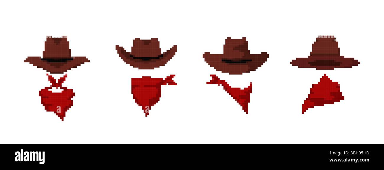 Mosaic pixel art cowboy hats and bandanas with retro style characters ...
