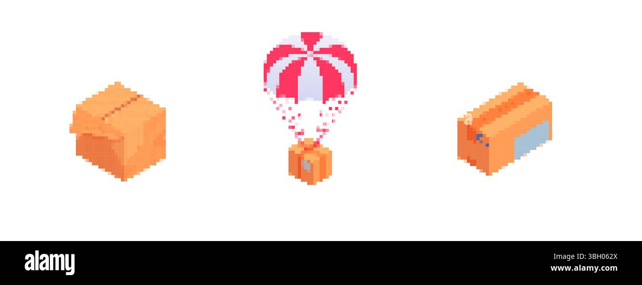 Mosaic style pixel art icons of packages and parachute with orange ...