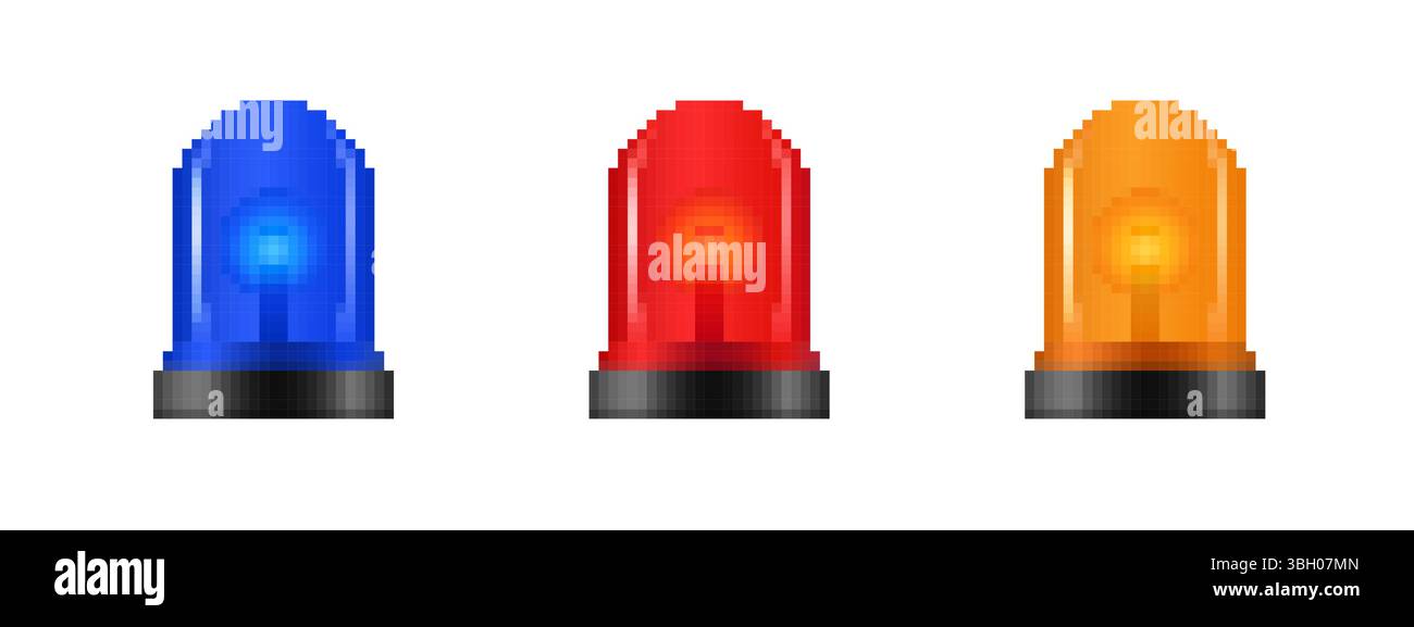 Mosaic pixel art alarm lights in blue red and orange with a retro style ...