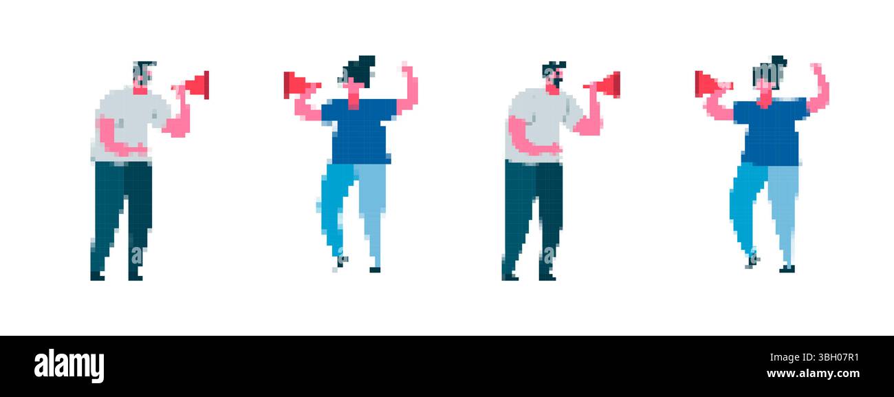 Mosaic pixel art characters with megaphones in dynamic communication ...