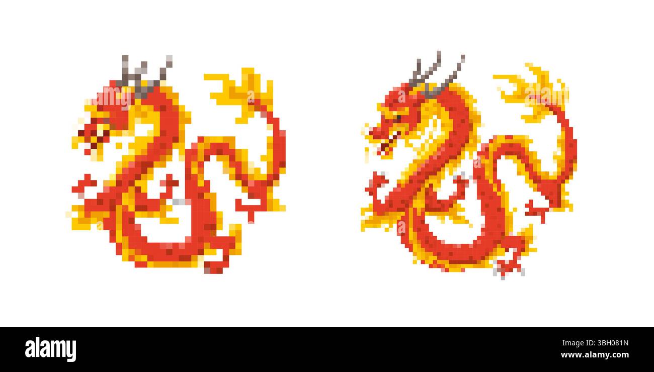 Mosaic-styled pixel dragon icon with bright colors, capturing retro ...