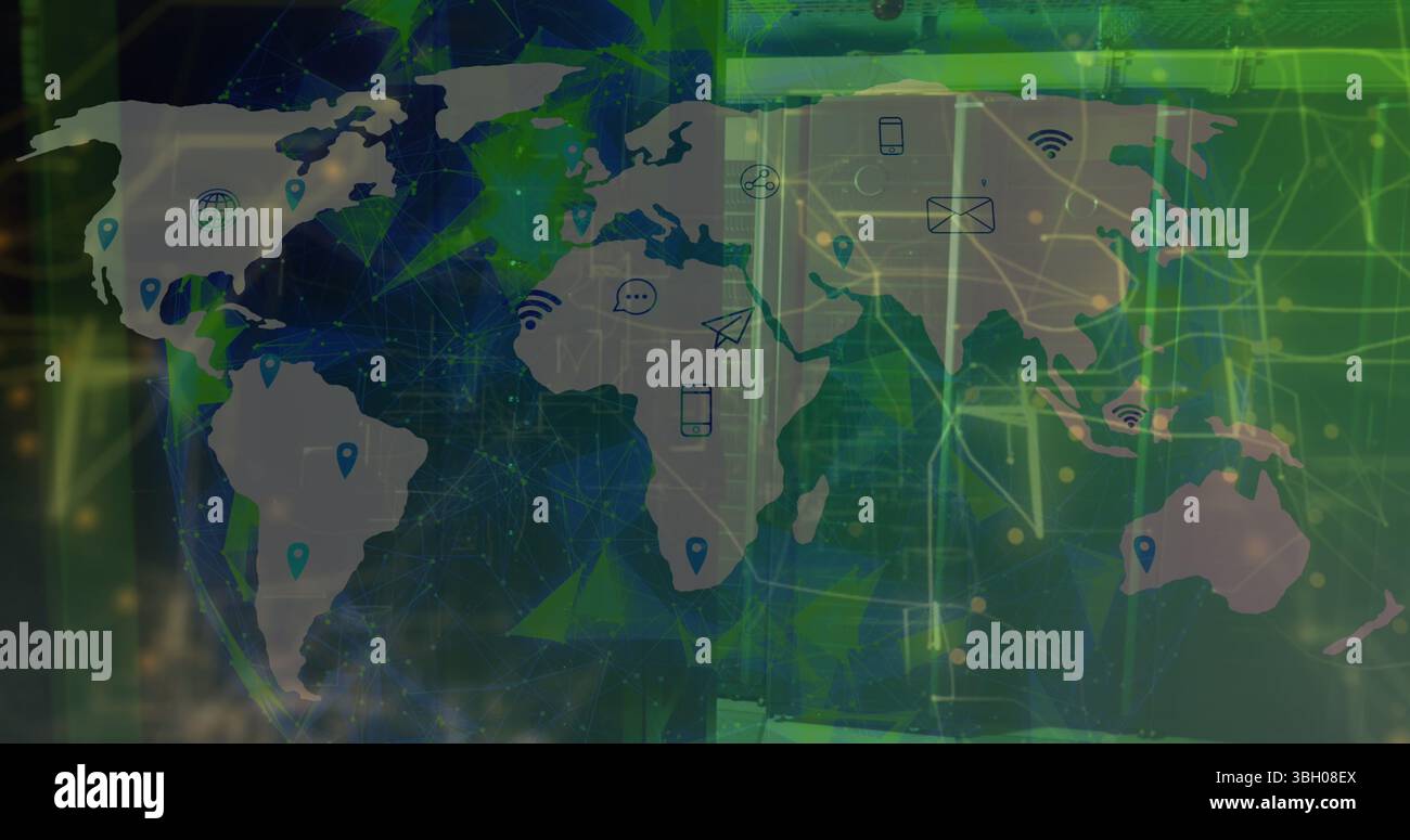 Displaying world map overlay floating over data center racks, with location pins and mail icons ...
