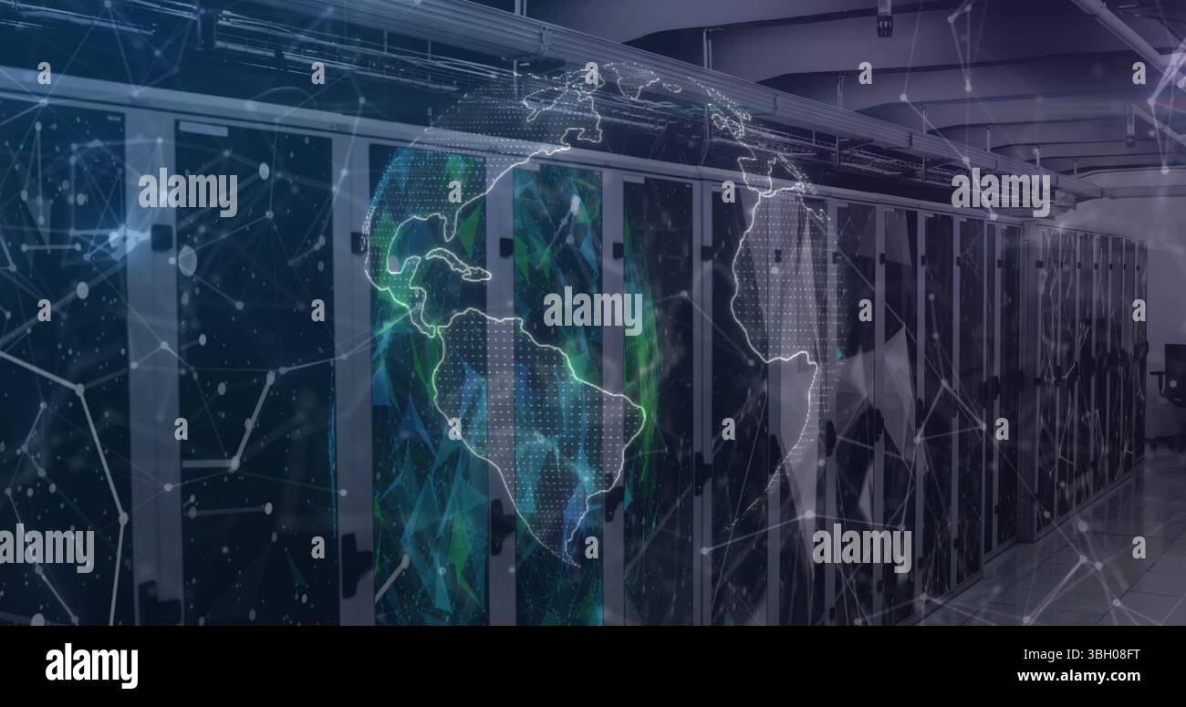 Image of world map and connections over servers Stock Photo - Alamy