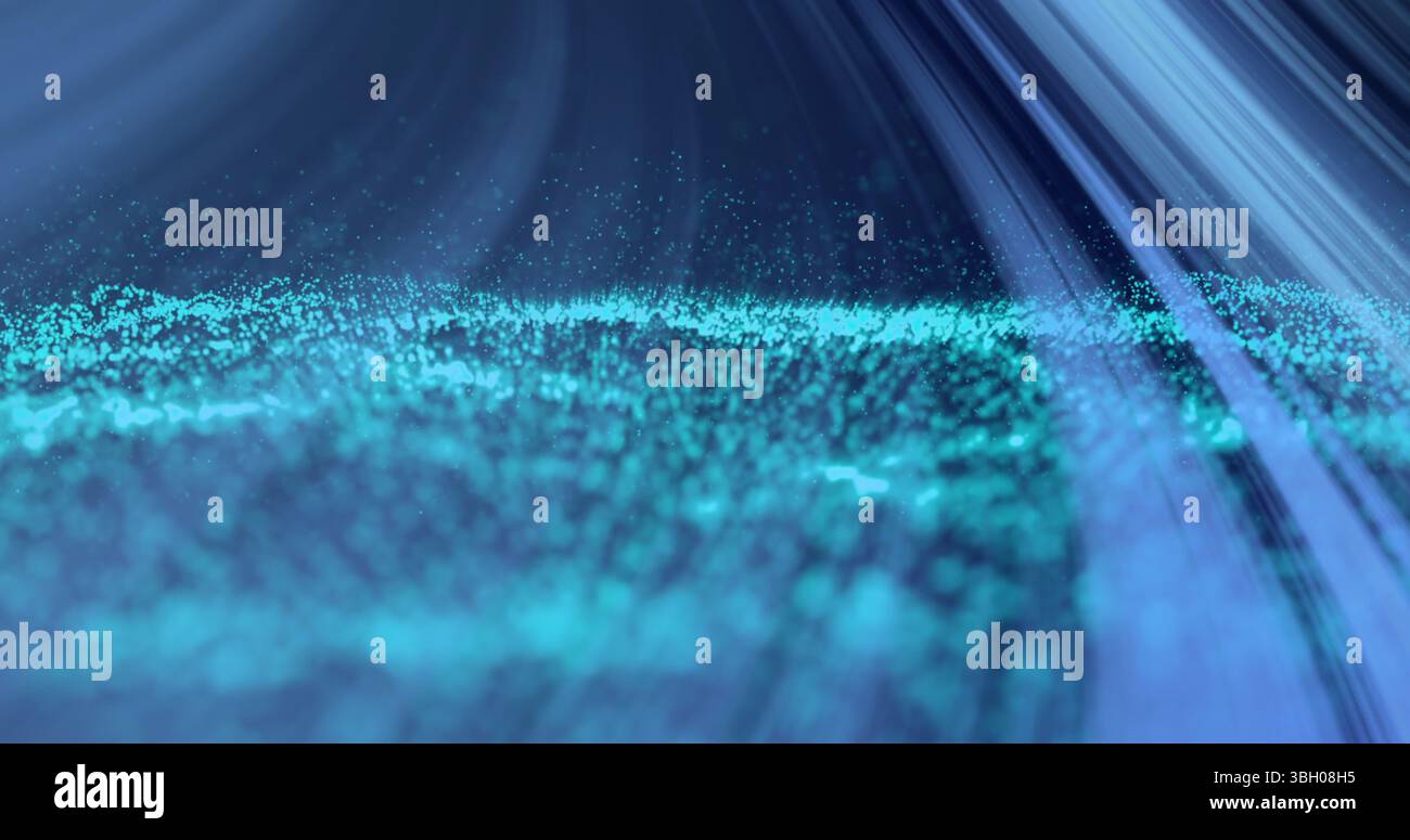 Image of blue light beams over undulating blue particles on black ...