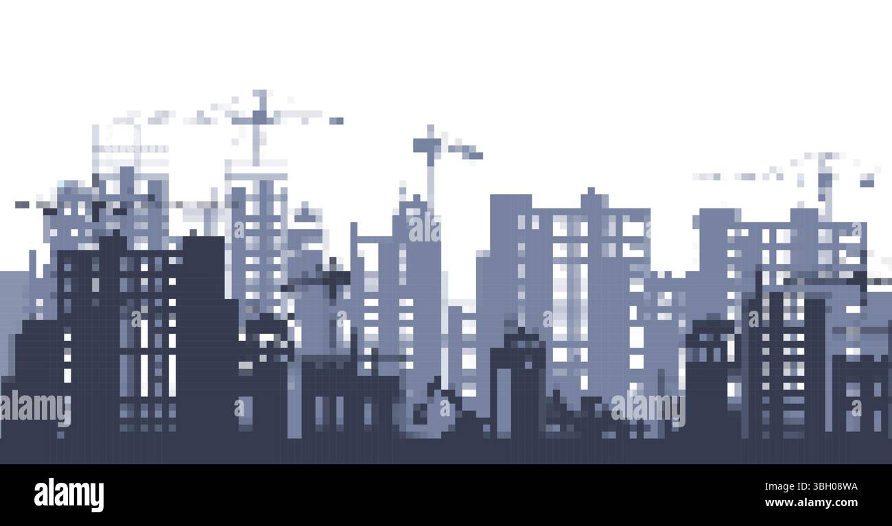 Mosaic city skyline with pixel art buildings and construction cranes ...
