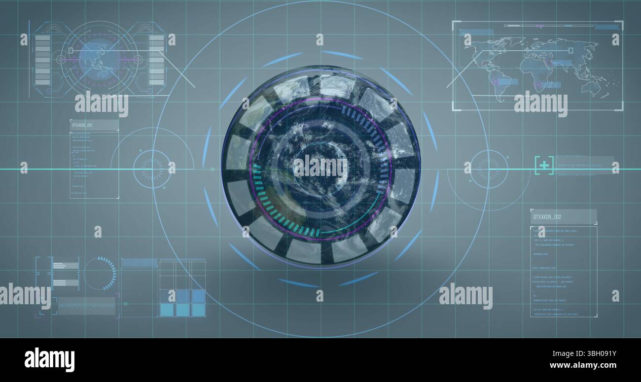 Circular holographic globe display glowing in interface, showing data ...