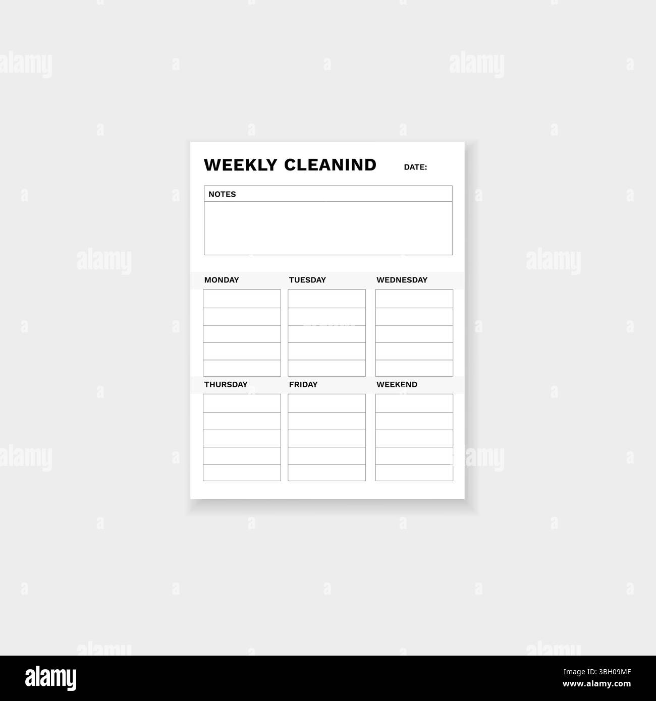 Template for weekly cleaning with date and notes layout for organized ...
