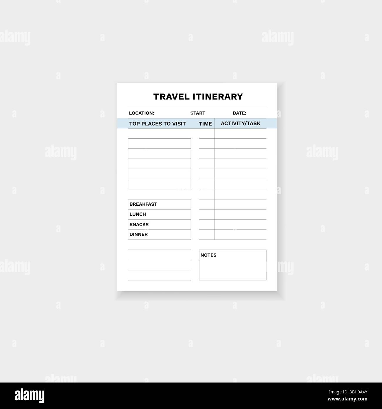 Travel itinerary template with sections for destinations, times ...