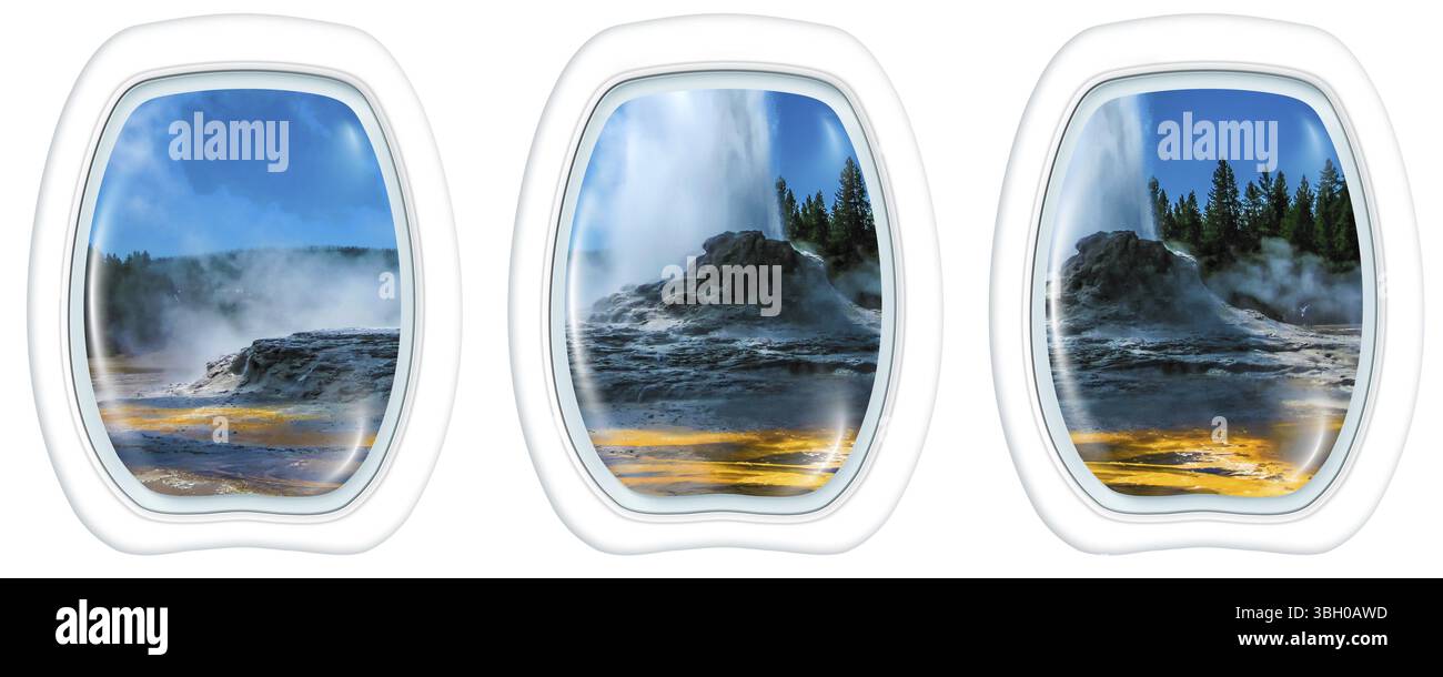 Three porthole frame windows on Castle Geyser erupting with hot water ...