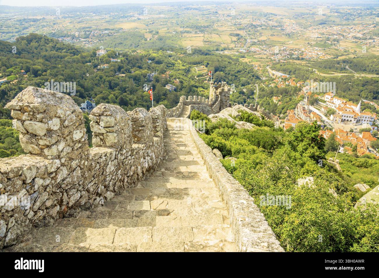 The ancient walls of ruins of Castle of the Moors. The Moorish fortress ...