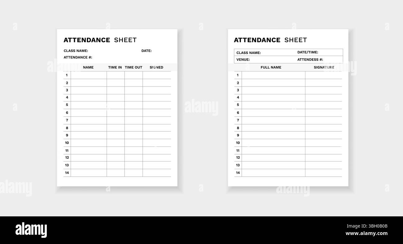 Class attendance sheet template with signatures and timings for ...