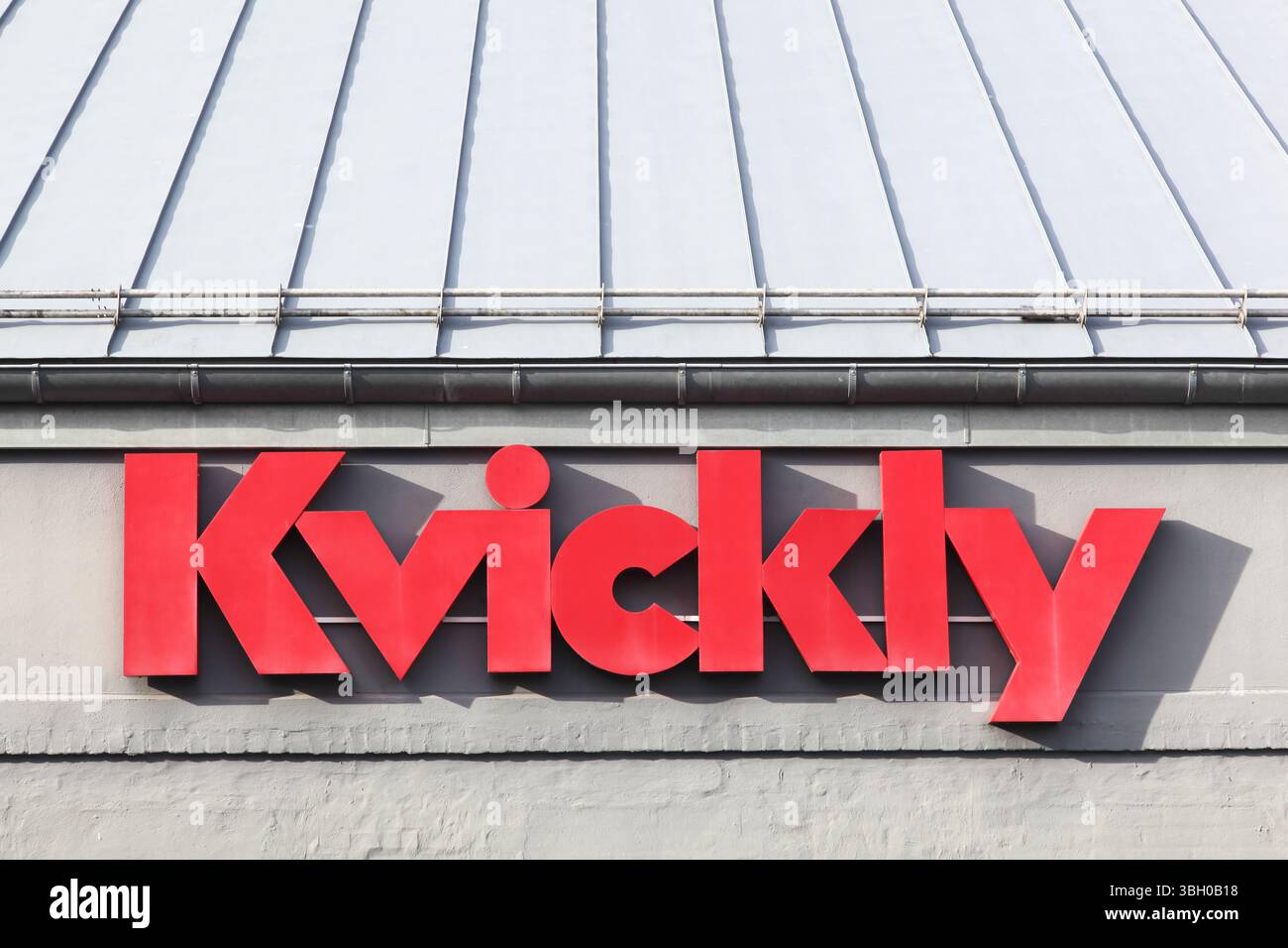 Kvickly logo on a wall. Kvickly is a chain of supermarkets in Denmark ...