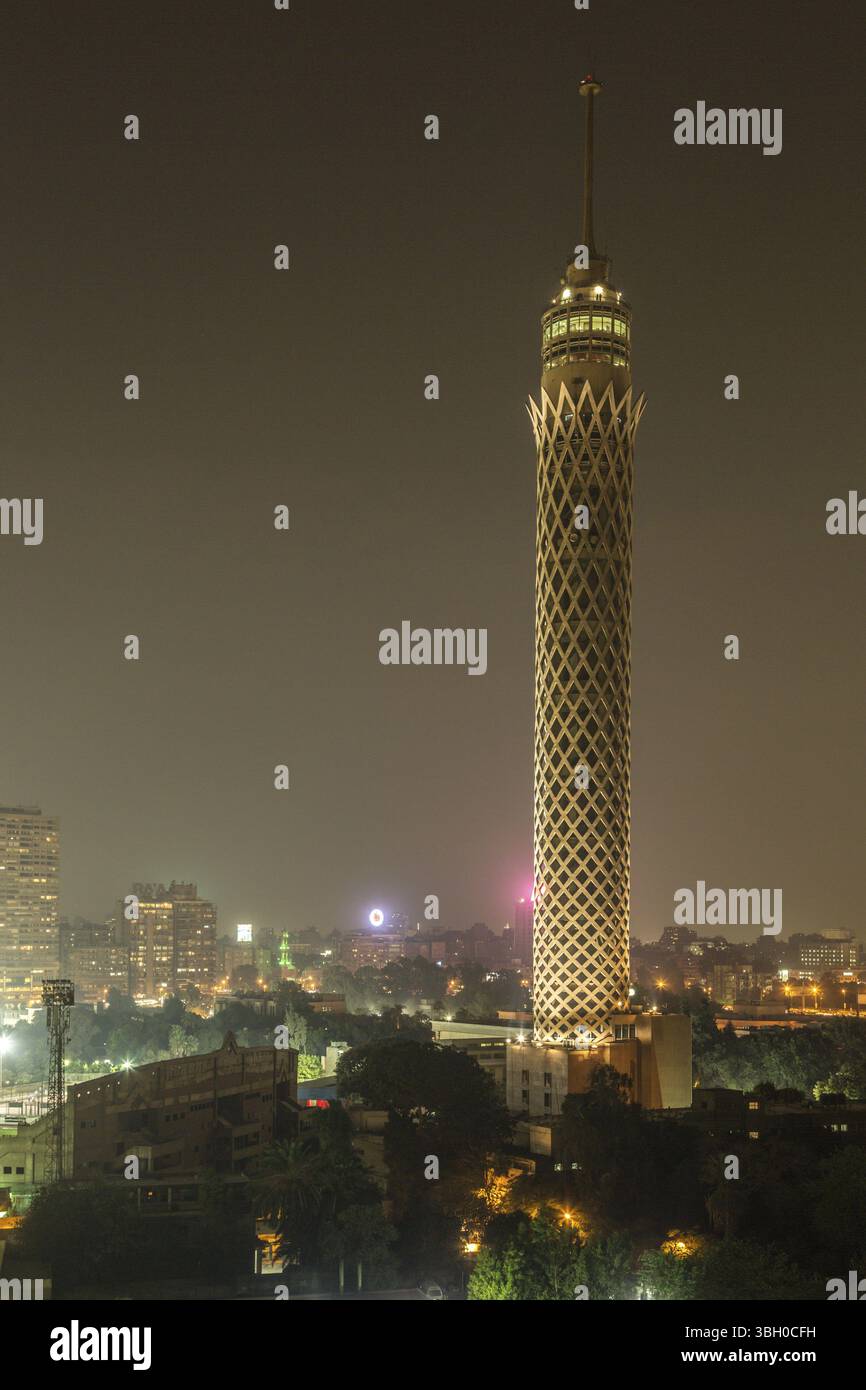 Cairo Tower brightly lit at night in Downtown Cairo, Egypt, Cairo ...