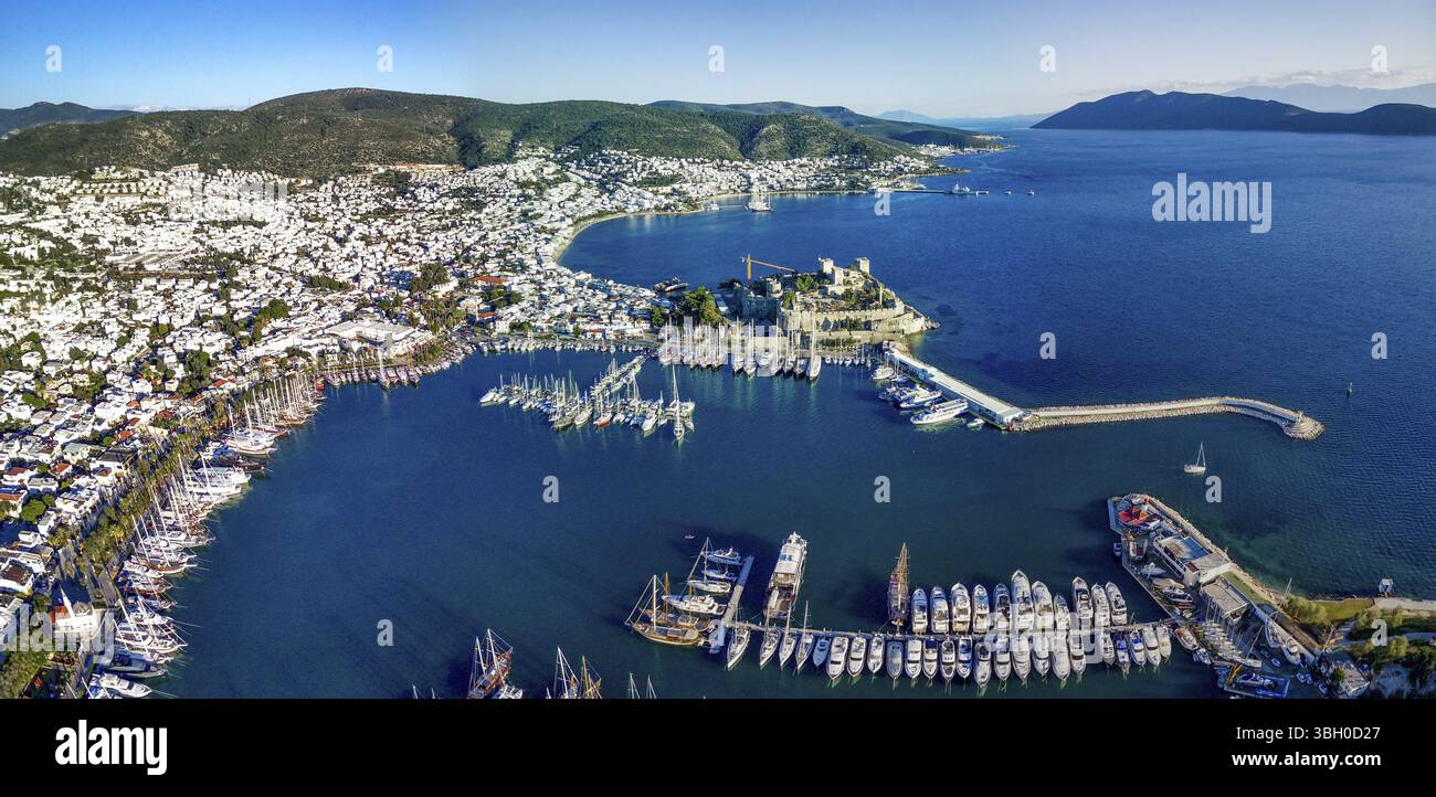 Amazing panoramic view from drone of Bodrum harbour and ancient Kalesi ...