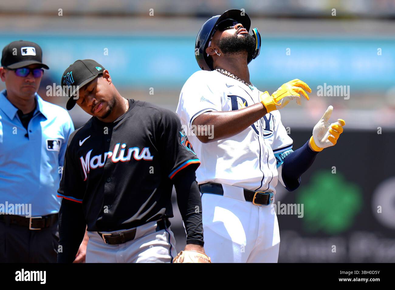 Tampa Bay Rays' Junior Caminero, right, celebrates after hitting a ...