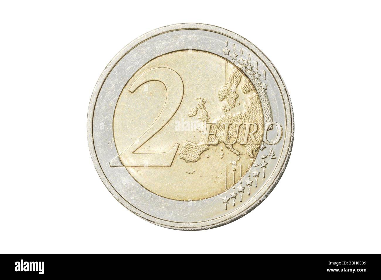Coin of two euro closeup with European map symbol of United Europe ...