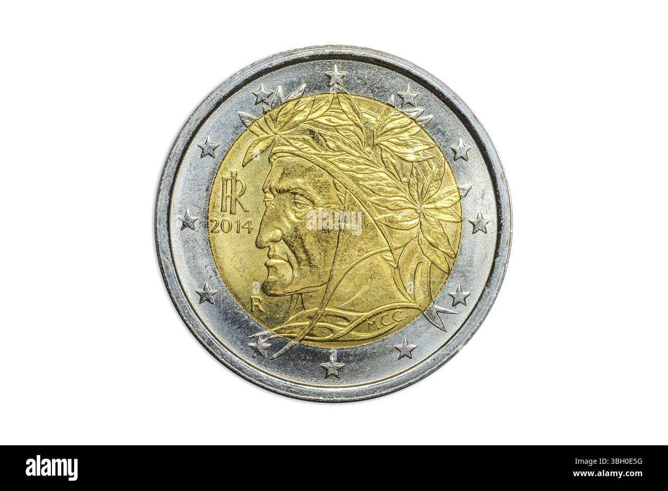 Italian coin of two euro closeup with symbol: famous poet Dante ...