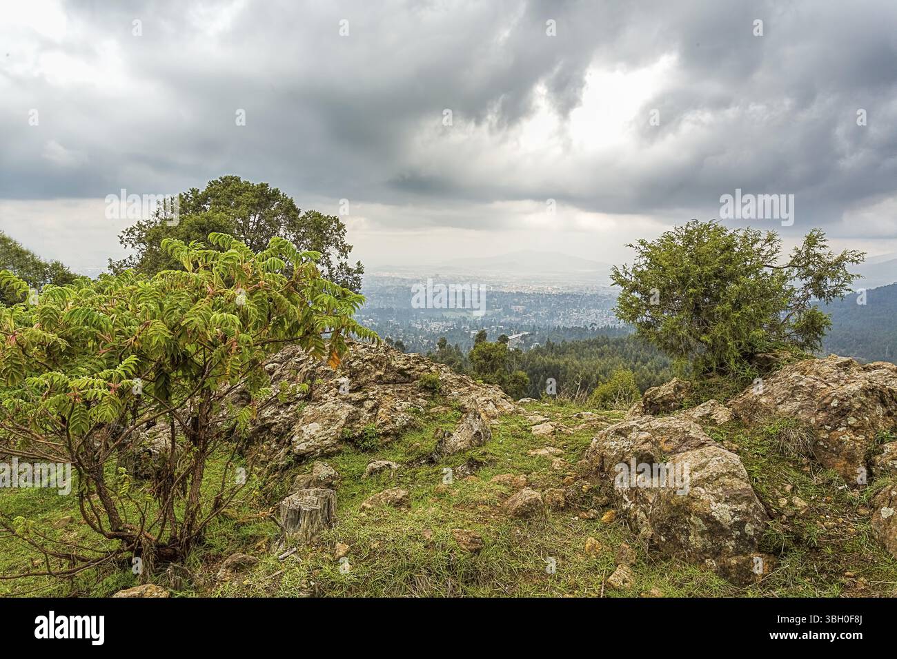 View of the beautiful landscape from the top of Mount Entoto, just ...