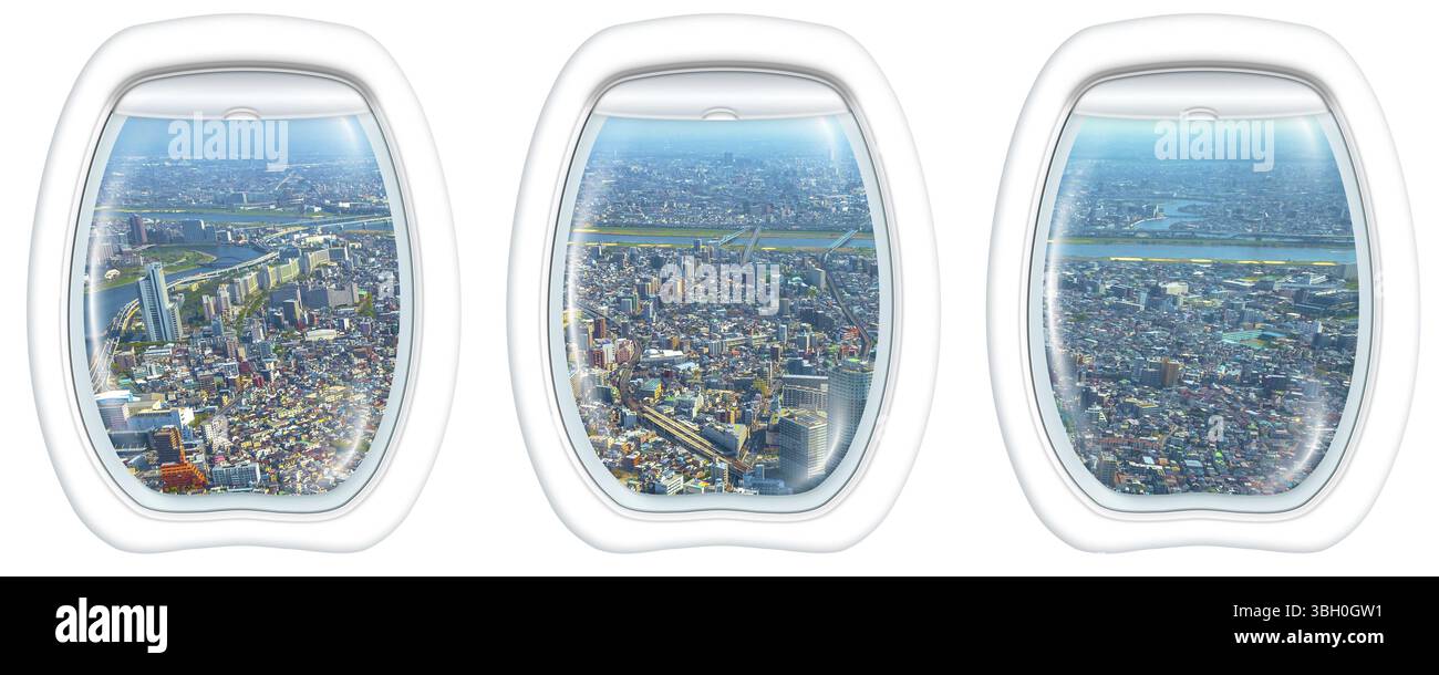 Three porthole frame windows of Tokyo skyline on background from Tokyo ...