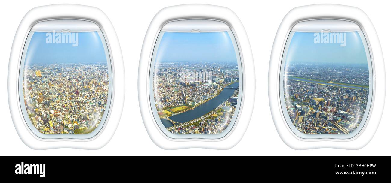 Three porthole frame windows of Tokyo city skyline, Sumida River ...