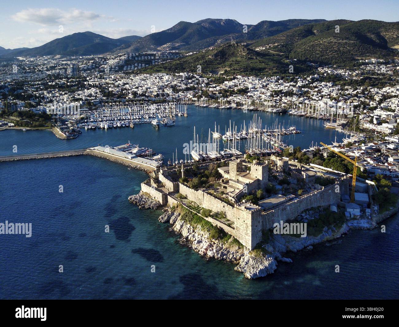 Amazing panoramic view from drone of Bodrum harbour and ancient Kalesi ...