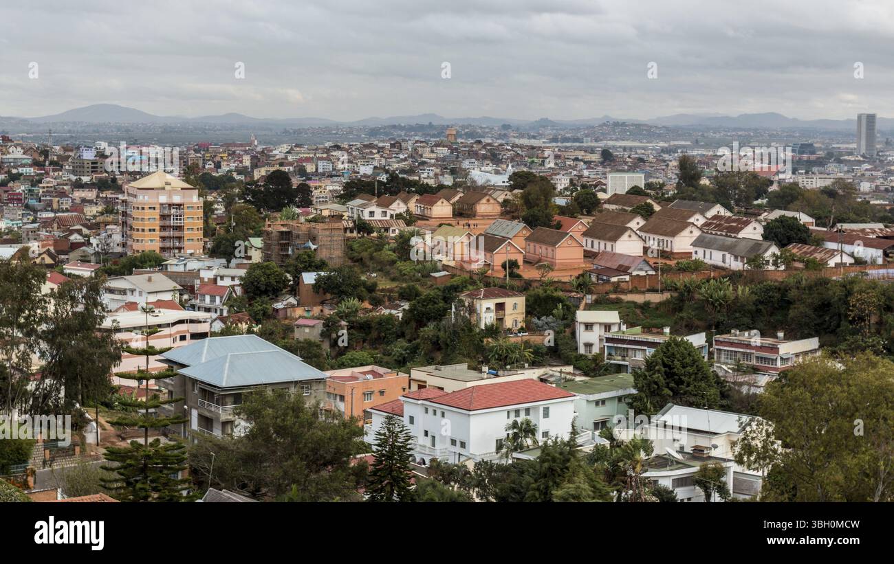 Aerial view of the densely packed houses of Antananarivo, the capital ...
