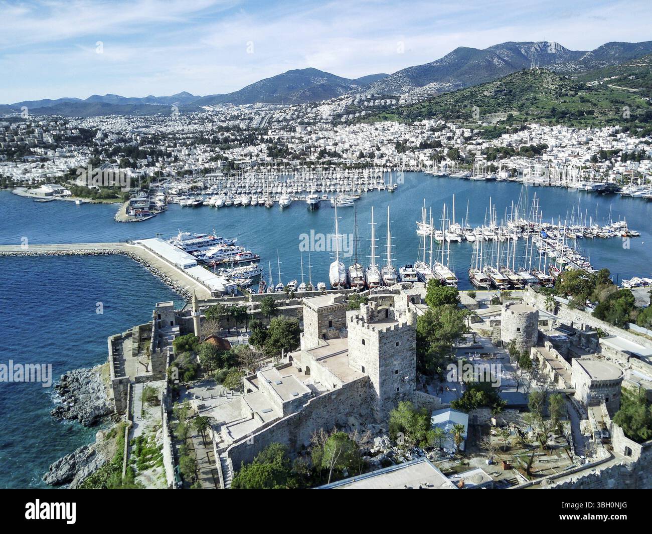 Amazing panoramic view from drone of Bodrum harbour and ancient Kalesi ...