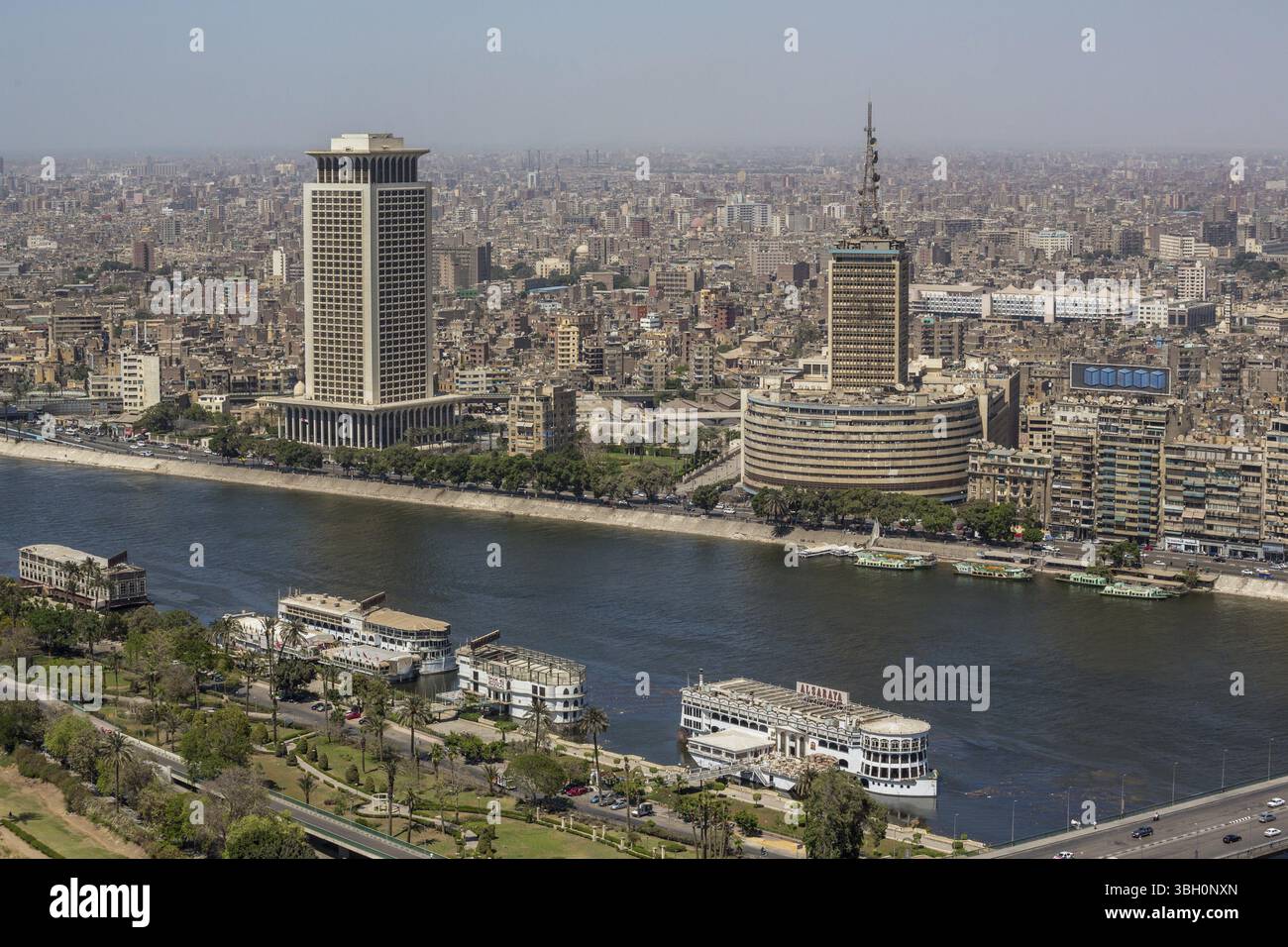 Aerial view of the downtown area of Cairo along the Nile River as ...