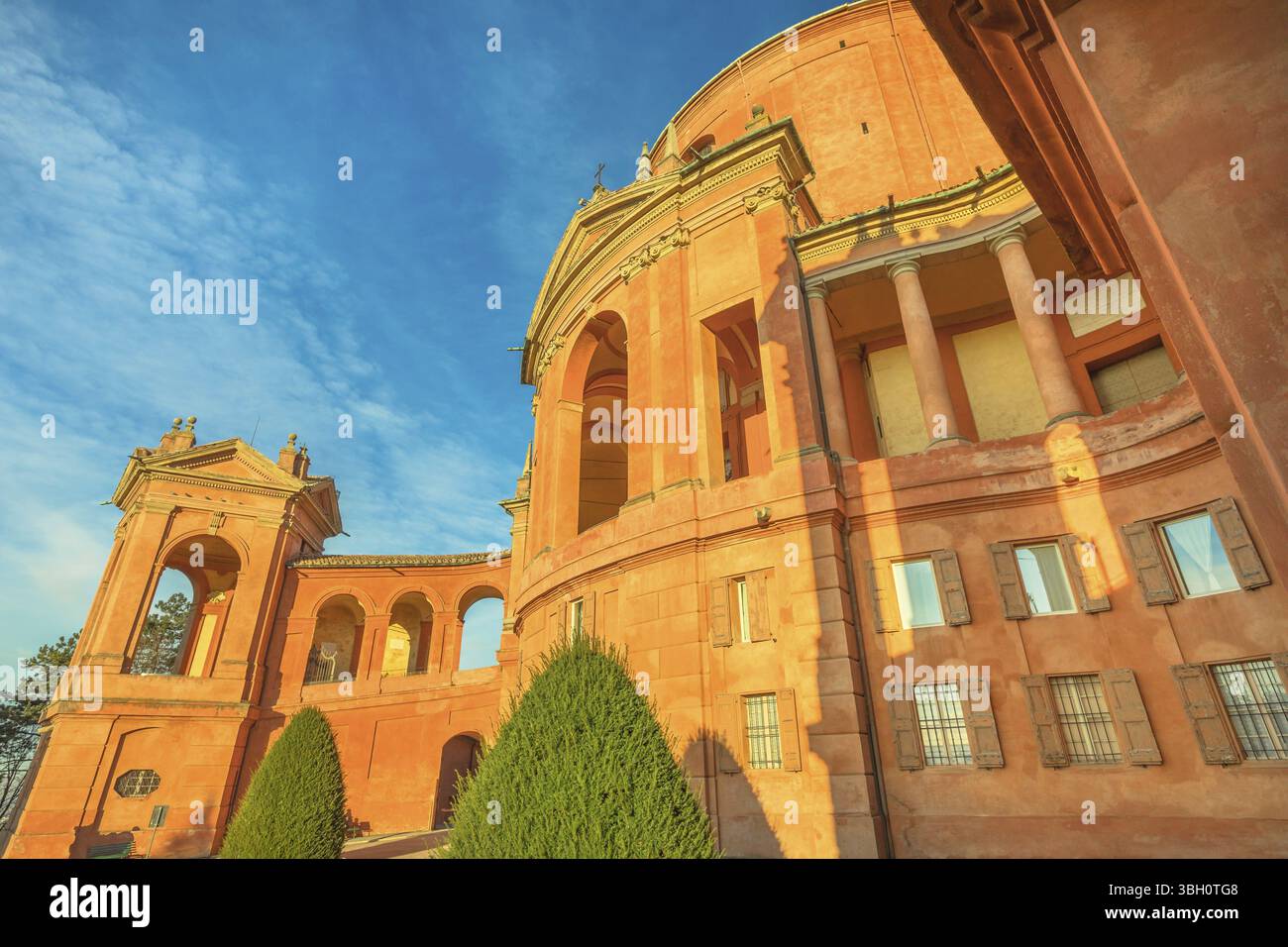 Side view of bell tower at Sanctuary of Madonna di San Luca with ...