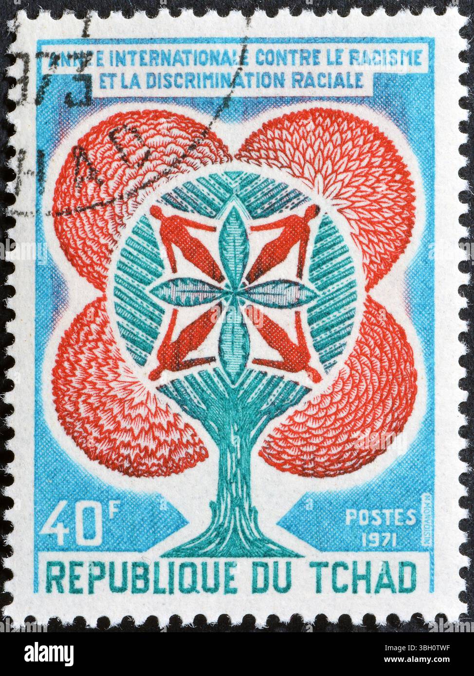 Cancelled postage stamp printed by Chad, that promotes Racial Equality ...