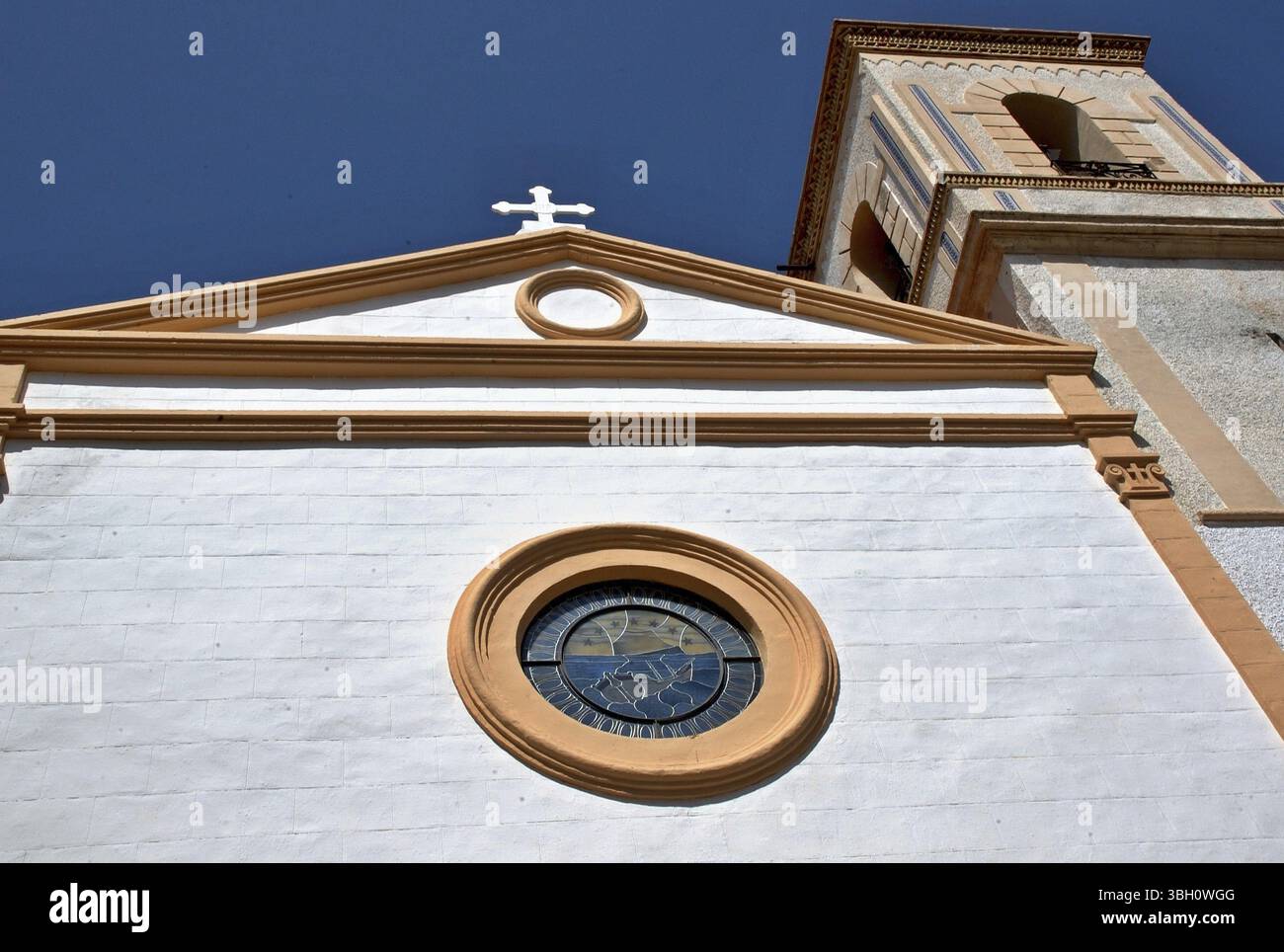 Facade and tower of the old town church of Benidorm, Alicante - Spain ...