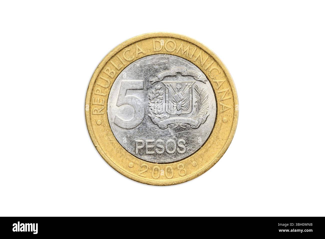 The Dominican coin of 5 pesos of Santo Domingo Caribbean republic, DOP ...